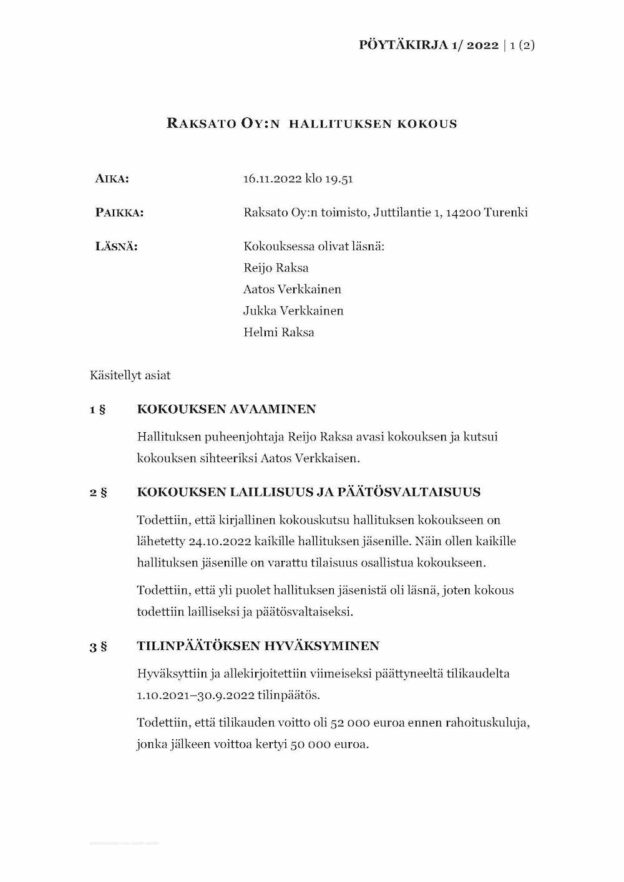 Hallituksen kokouksen pöytäkirja (osakeyhtiö) – Lataa asiakirjamalli