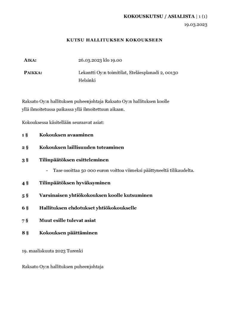 Hallituksen kokouskutsu, malli (osakeyhtiö) >> Lataa malliasiakirja