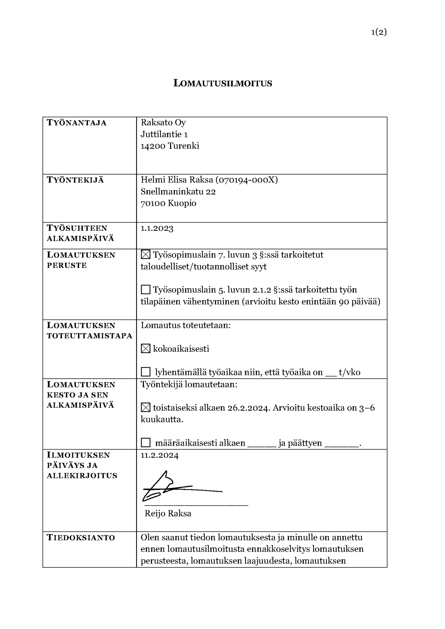 Lomautusilmoitus, malli >> Lataa asiakirjamalli